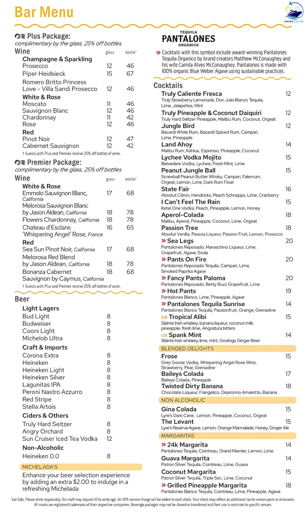 Princess Cruises Drinks Menu 2025 with Prices for all Ships