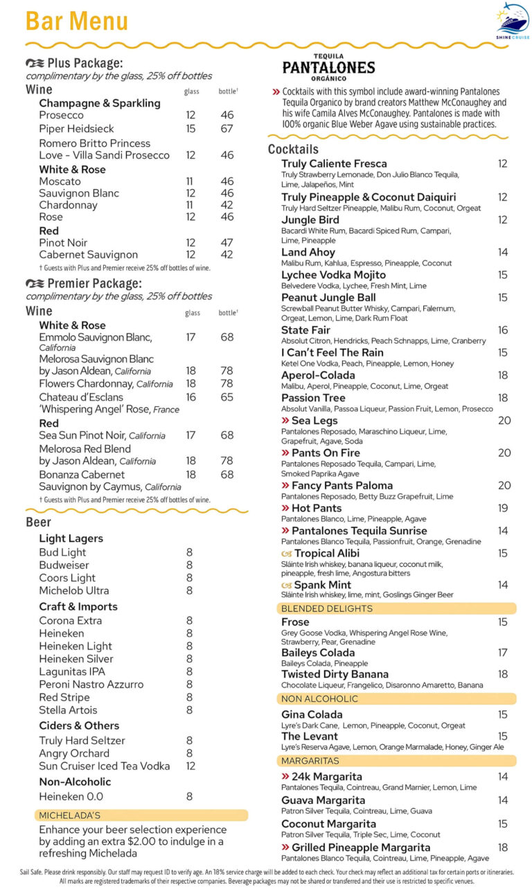 Princess Cruises Drinks Menu 2025 with Prices for all Ships