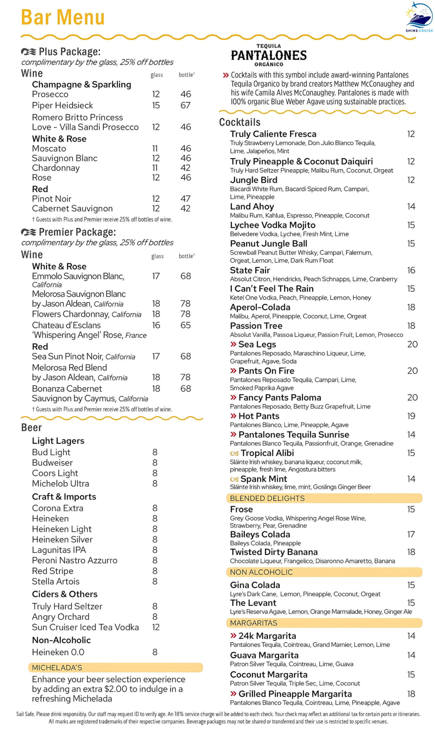 Princess Cruises Drinks Menu 2025 with Prices for all Ships