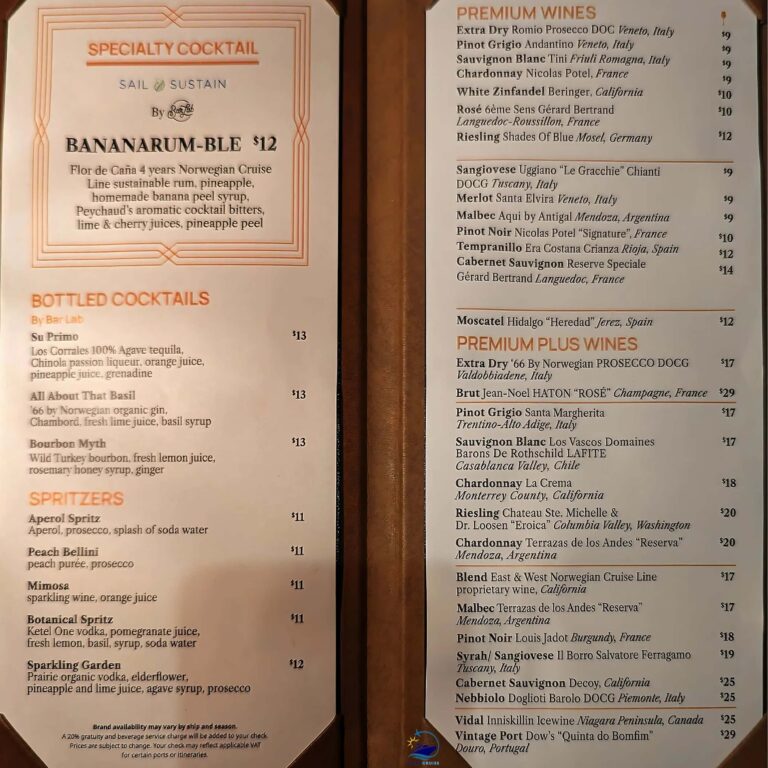 NCL Drink Menu 2025 with Bar Prices for all Norwegian Ships