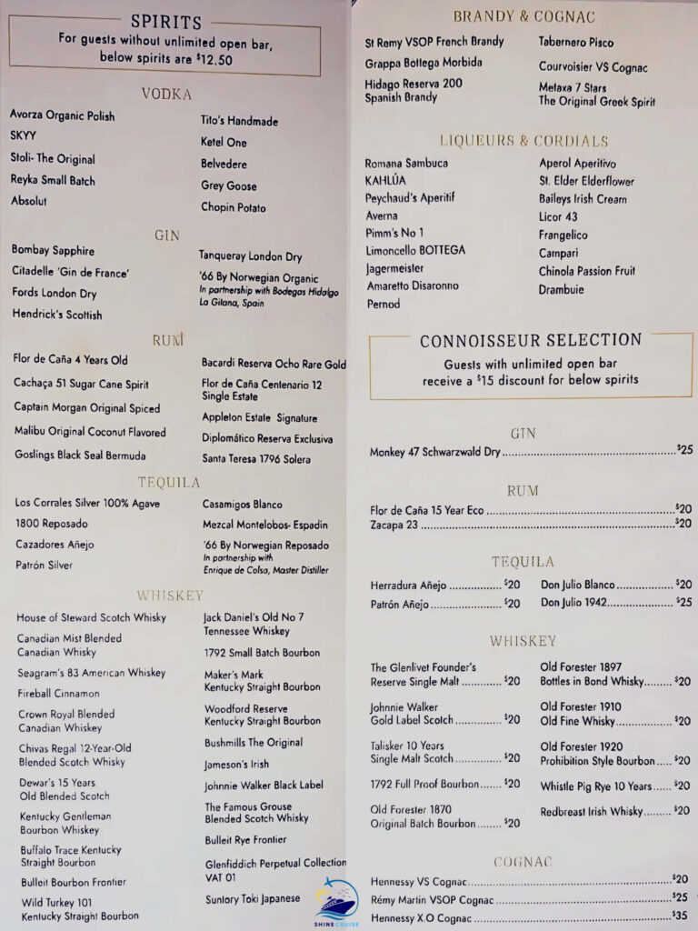 NCL Drink Menu 2025 with Bar Prices for all Norwegian Ships
