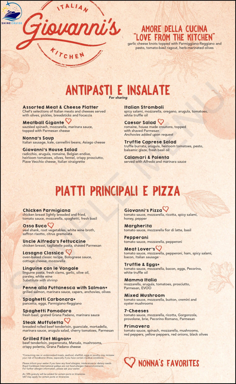 Royal Caribbean Giovanni's Italian Kitchen Menus for 2026