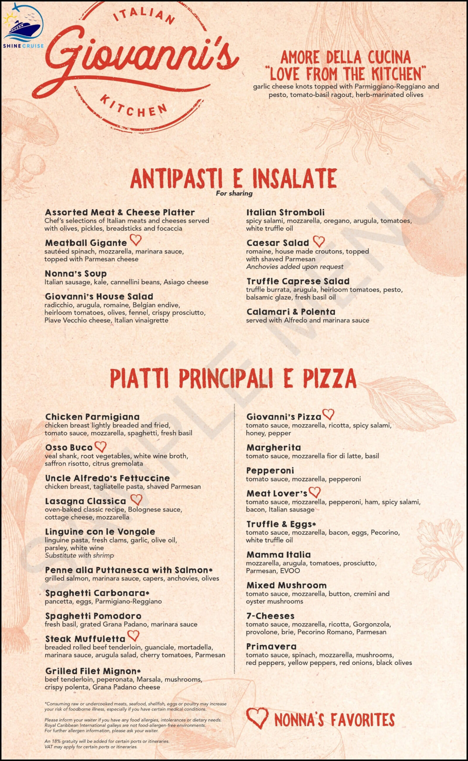 Royal Caribbean Giovanni's Italian Kitchen Menu 2025 Prices