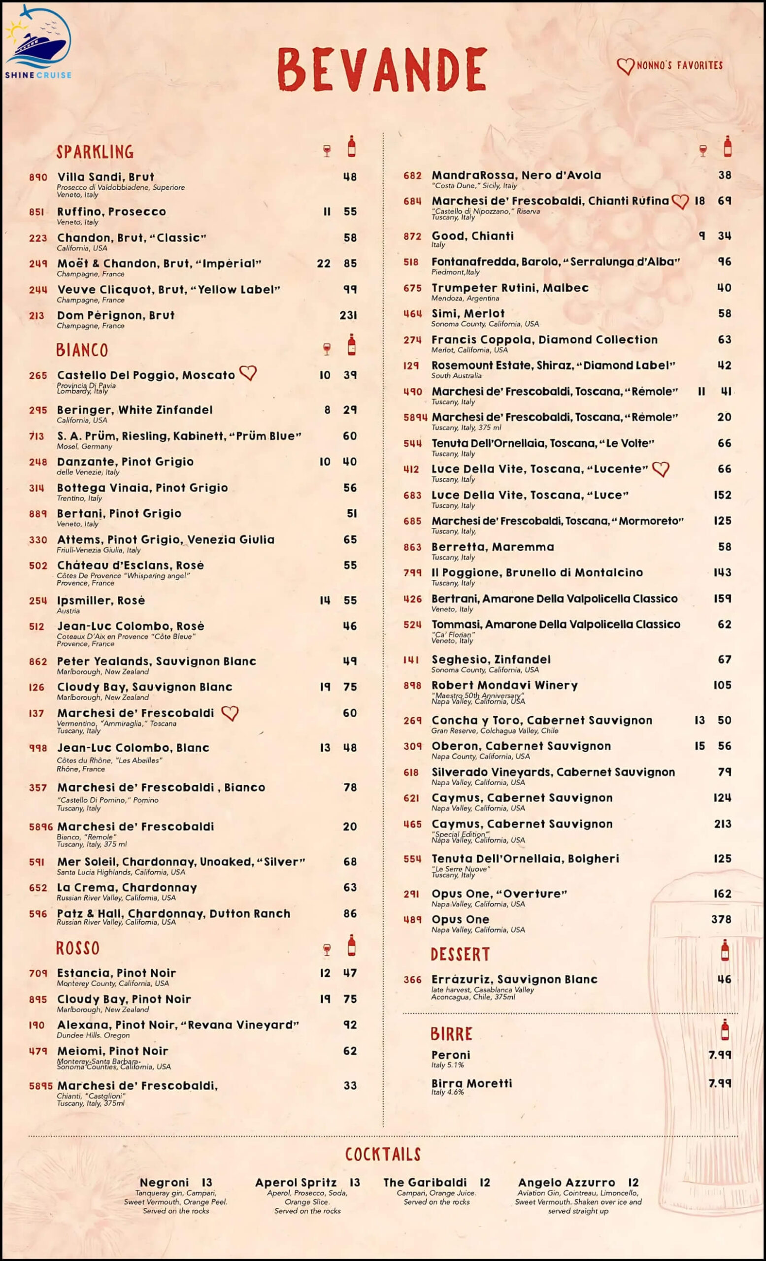 Royal Caribbean Giovanni's Italian Kitchen Menu 2025 Prices
