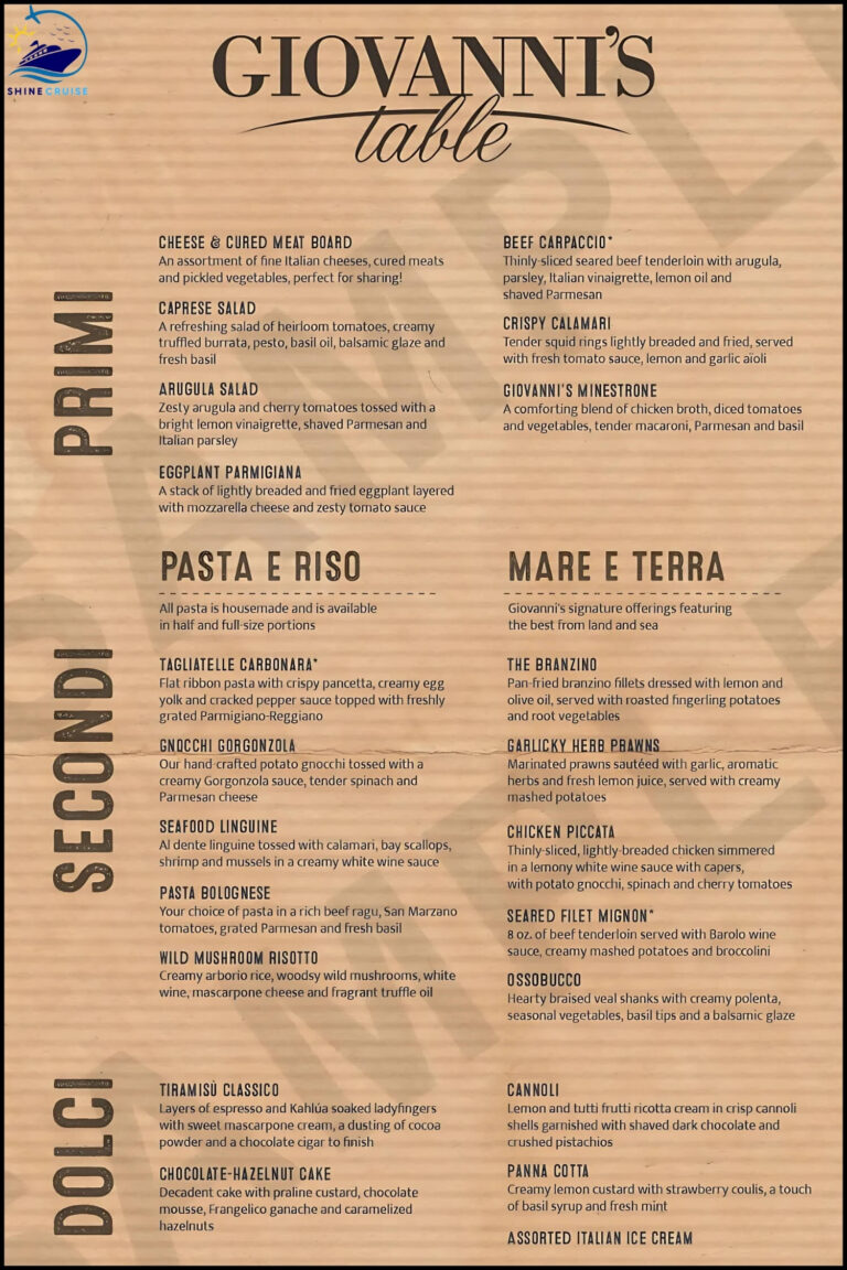 Royal Caribbean Giovanni’s Table Menus for 2026