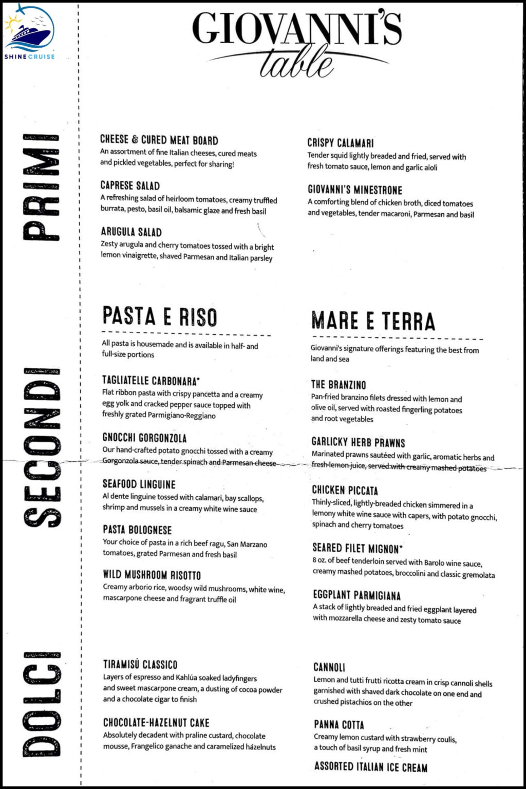 Royal Caribbean Giovanni’s Table Menus for 2026