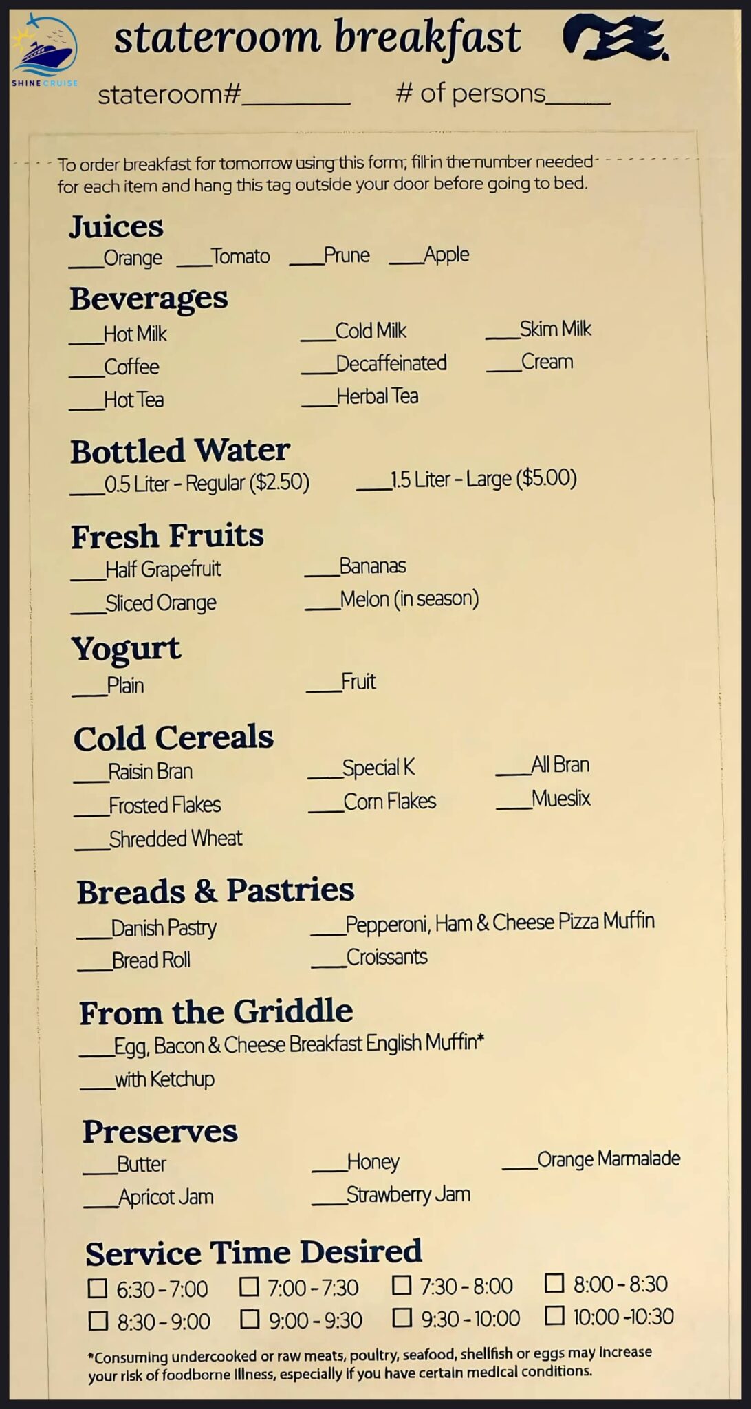 Princess Cruises Room Service Menus for 2026 with Cost