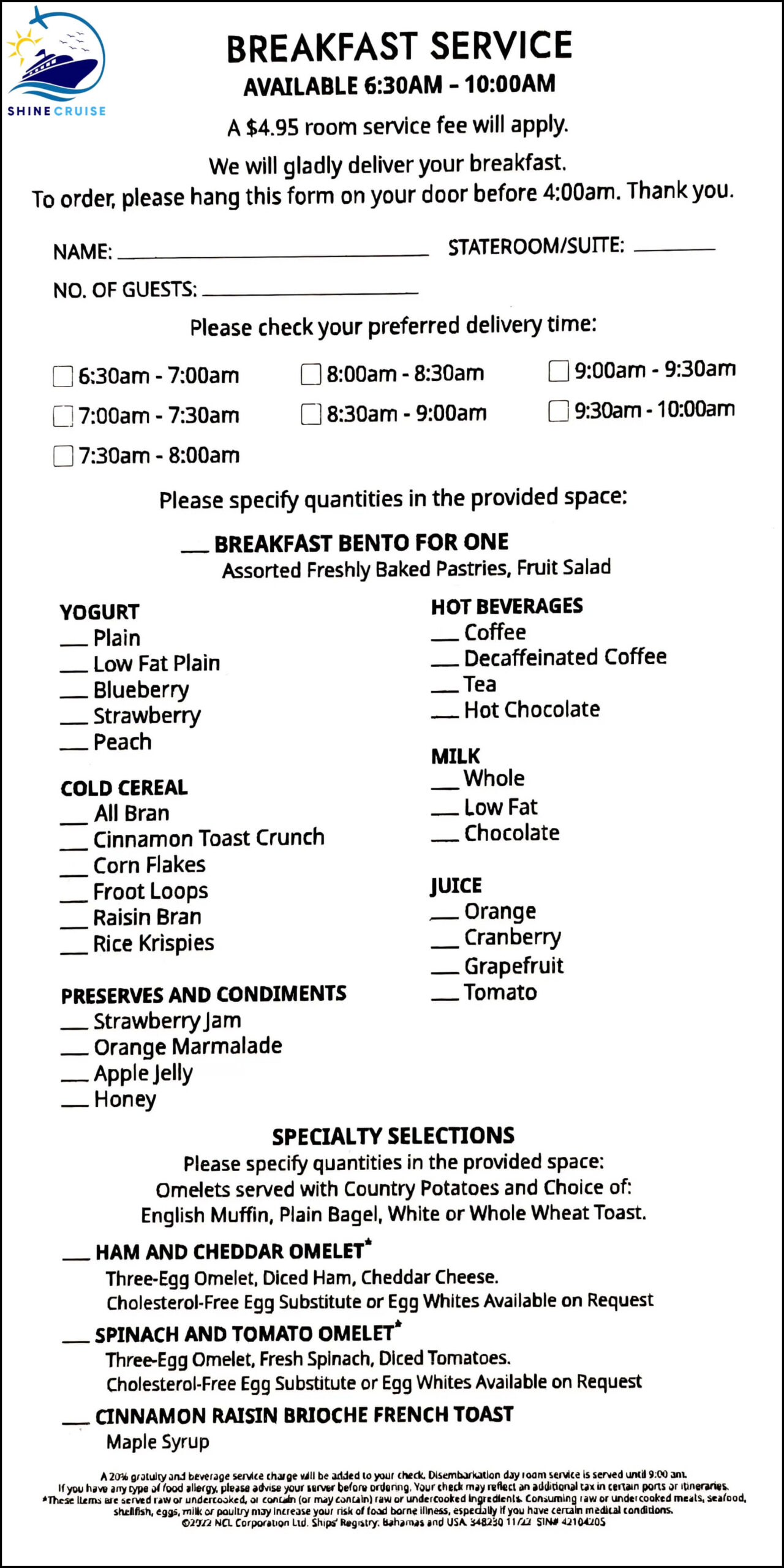 NCL Room Service Menu 2025 Prices & Tips - Shine Cruise