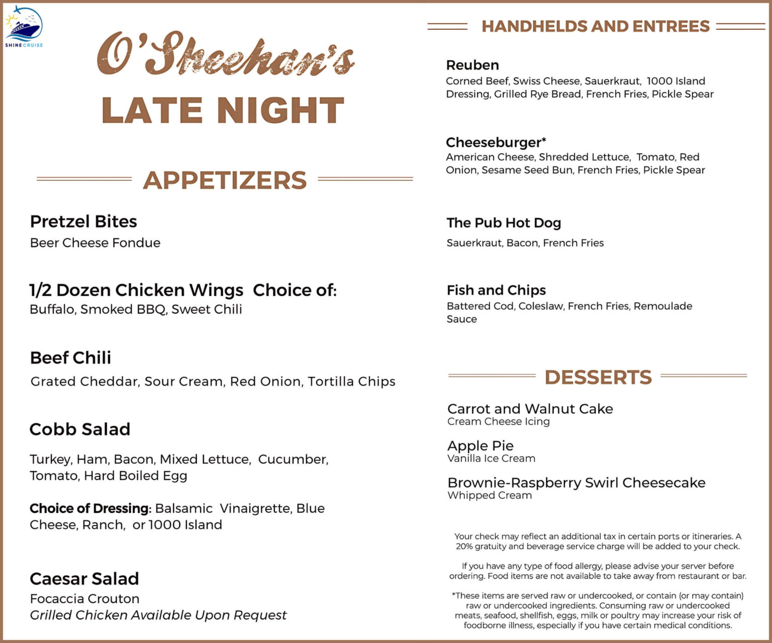 O'Sheehan's NCL Menu 2025 Review & Tips - Shine Cruise