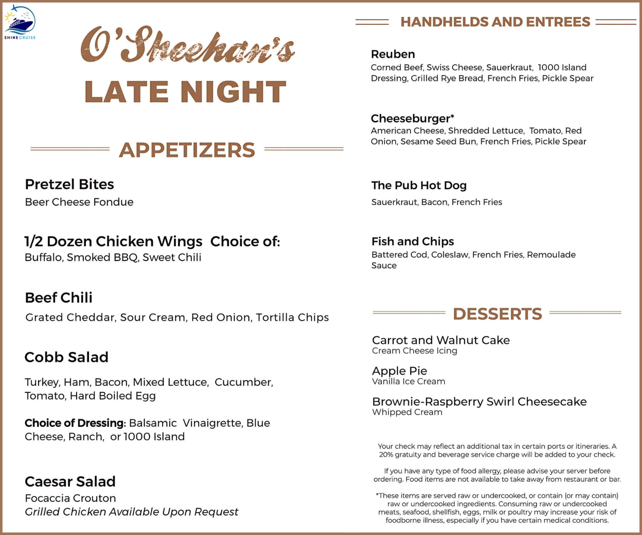 O'Sheehan's NCL Menus for 2026 with Reviews & Tips