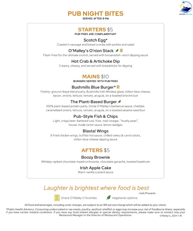 Princess Cruises O'Malley's Irish Pub Menus for 2026
