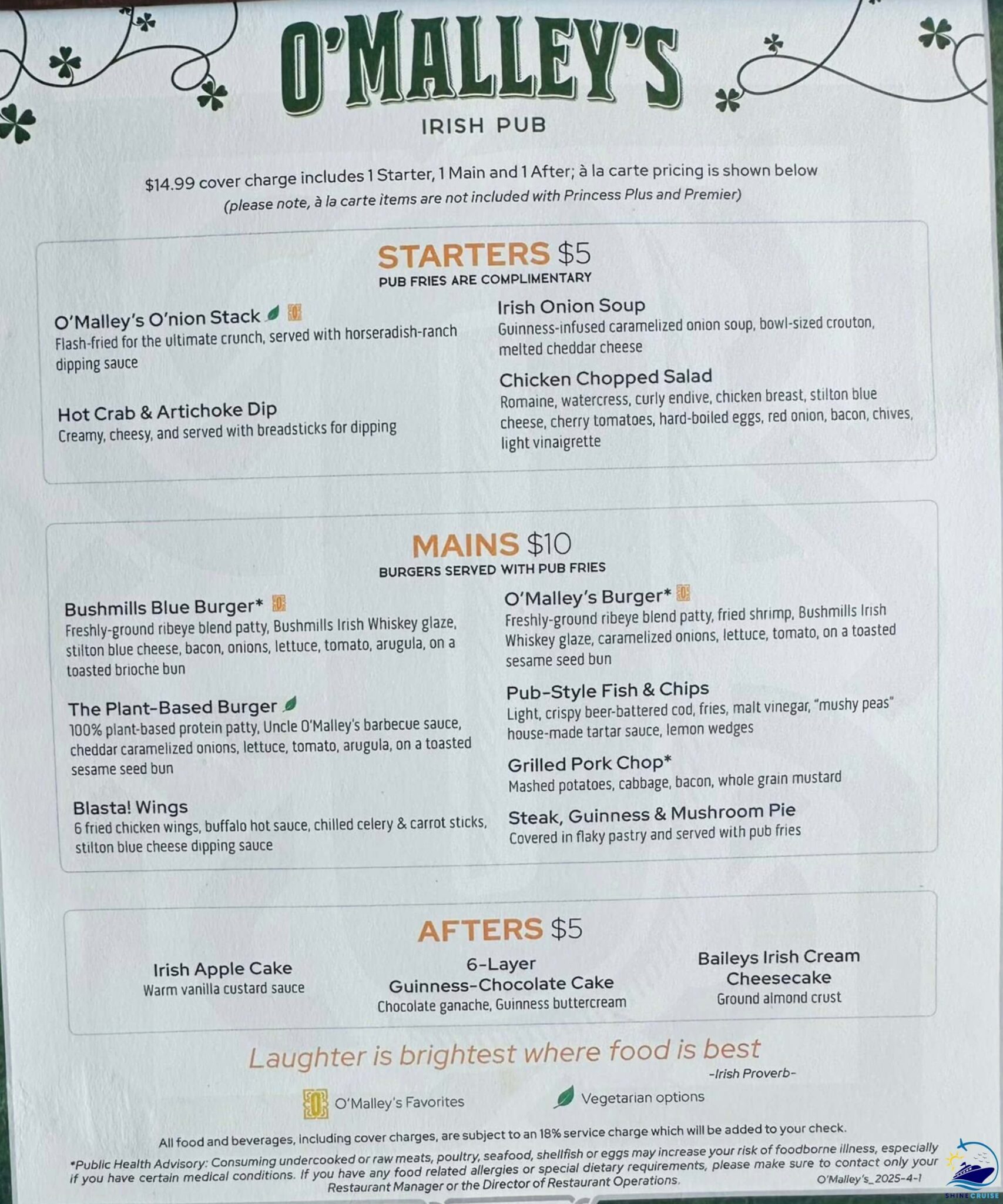 Princess Cruises O'Malley's Irish Pub Menu 2025 Review