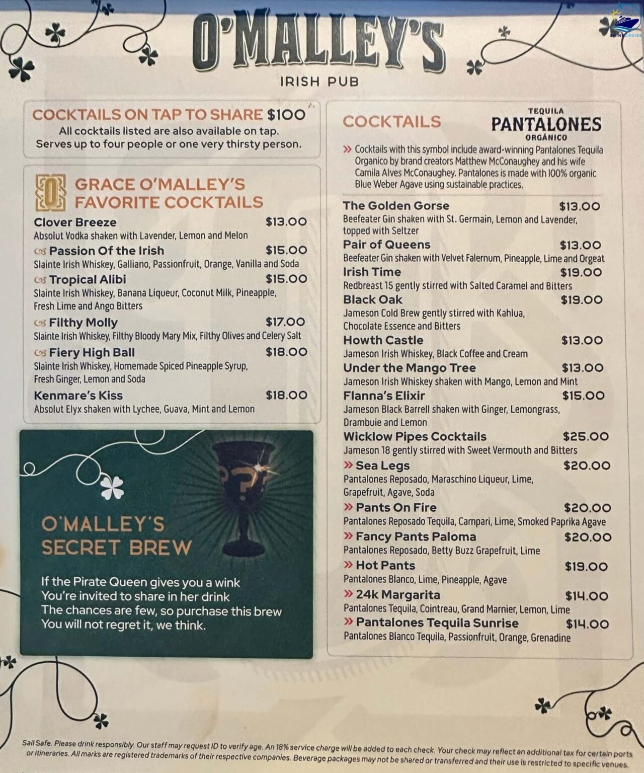 Princess Cruises O'Malley's Irish Pub Menu 2025 Review