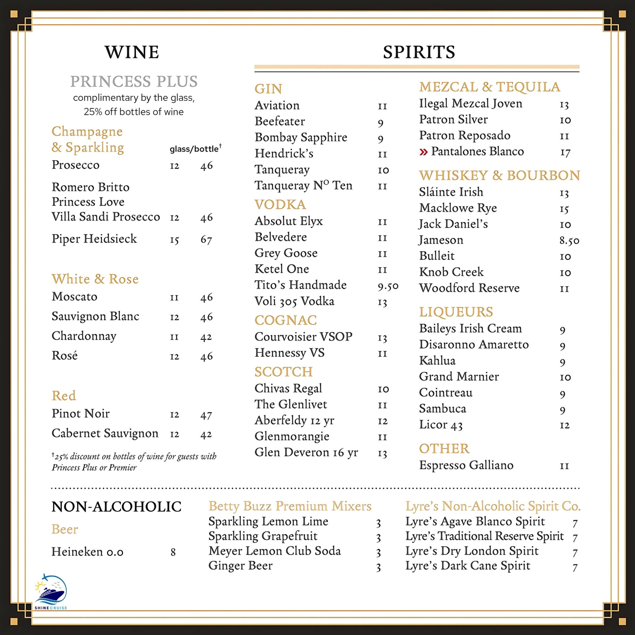 Princess Crooners Bar Menu for 2026