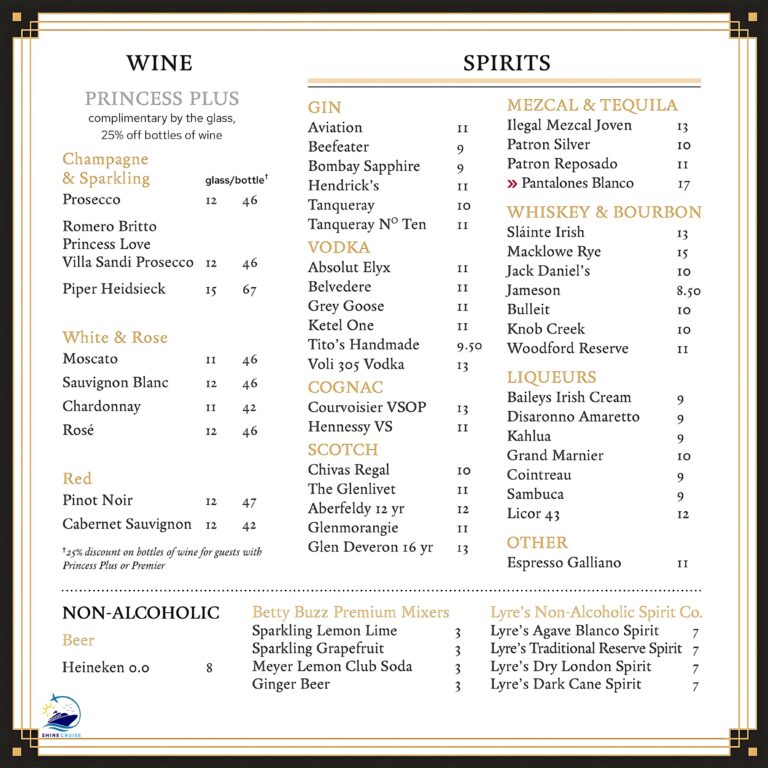 Princess Crooners Bar Menu for 2026