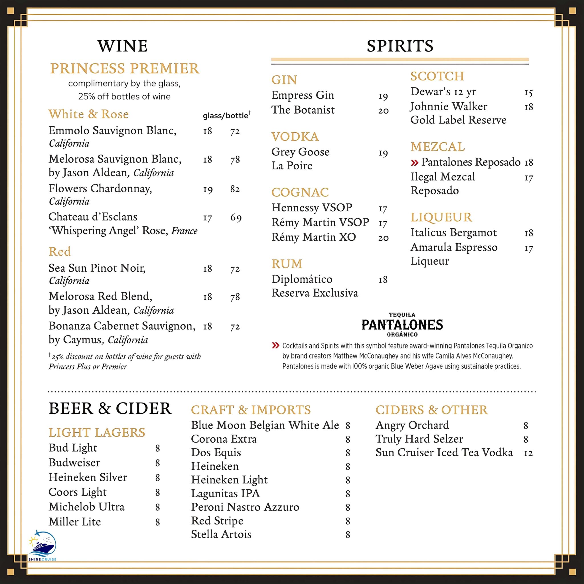Princess Crooners Bar Menu for 2026