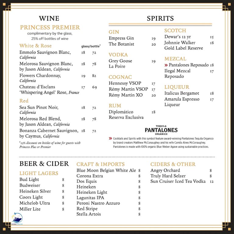 Princess Crooners Bar Menu for 2026