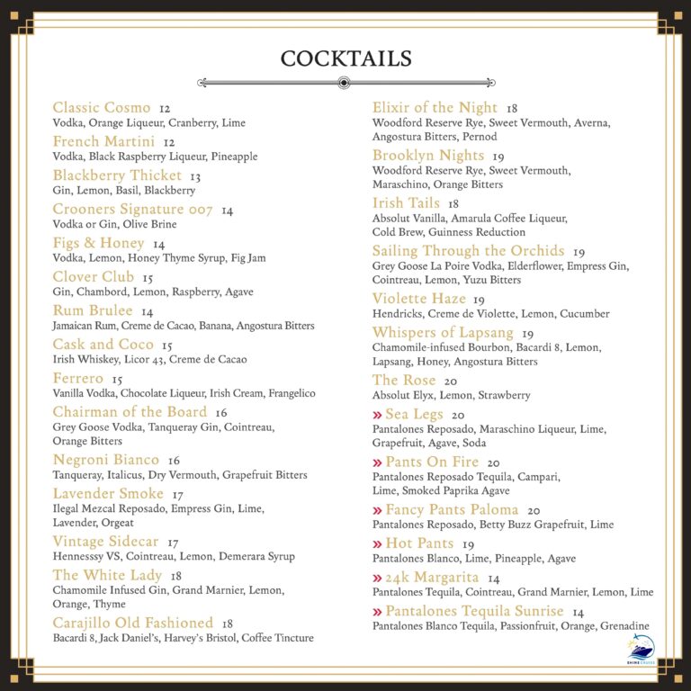 Princess Crooners Bar Menu for 2026