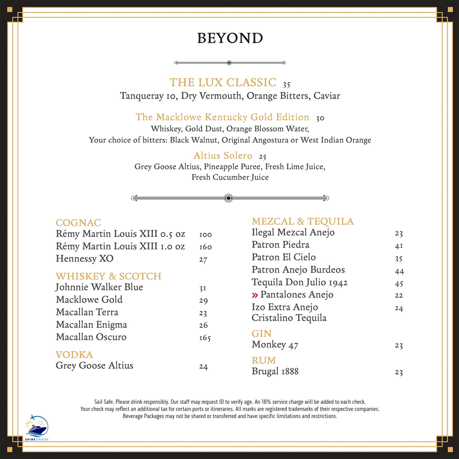 Princess Crooners Bar Menu for 2026