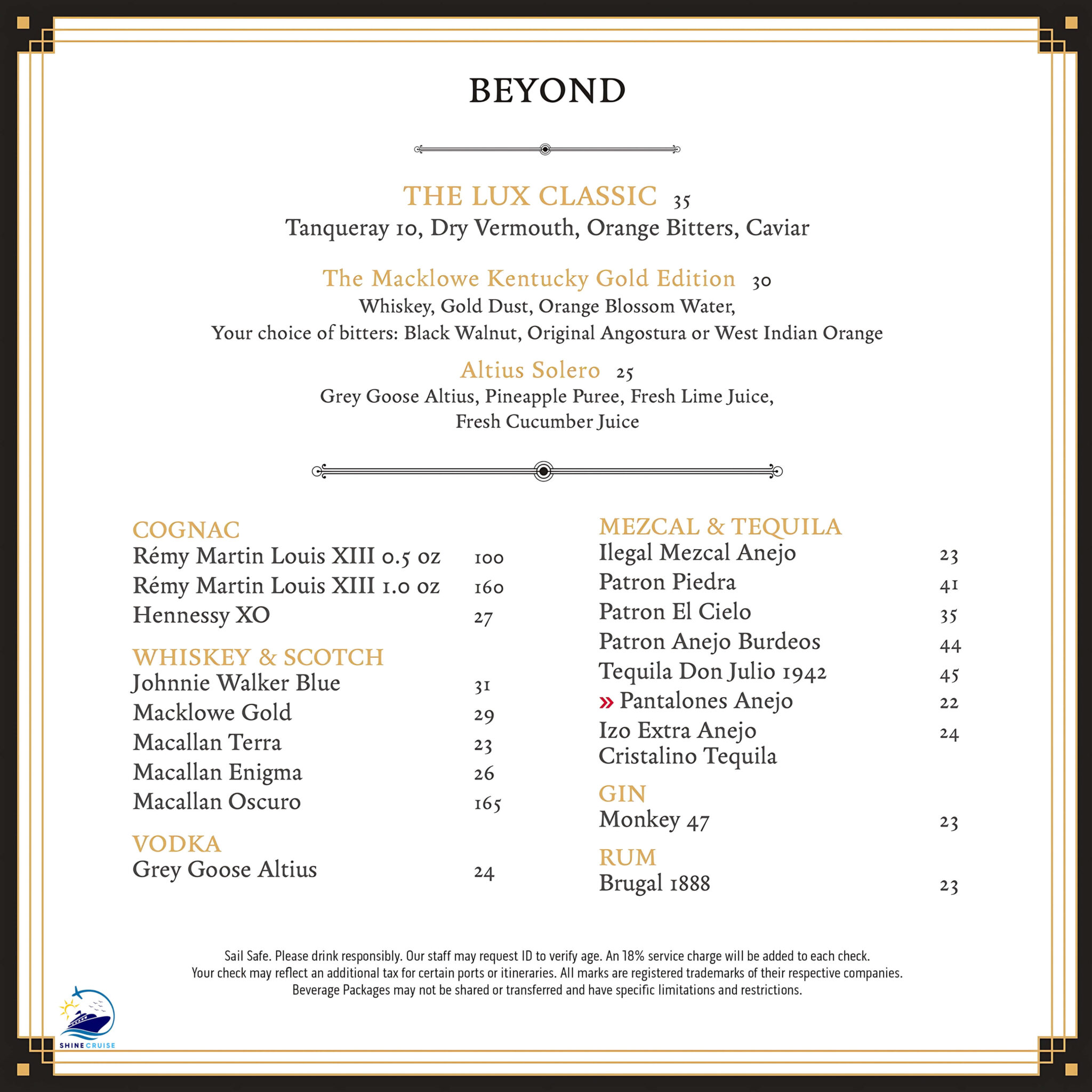 Princess Crooners Bar Menu for 2026