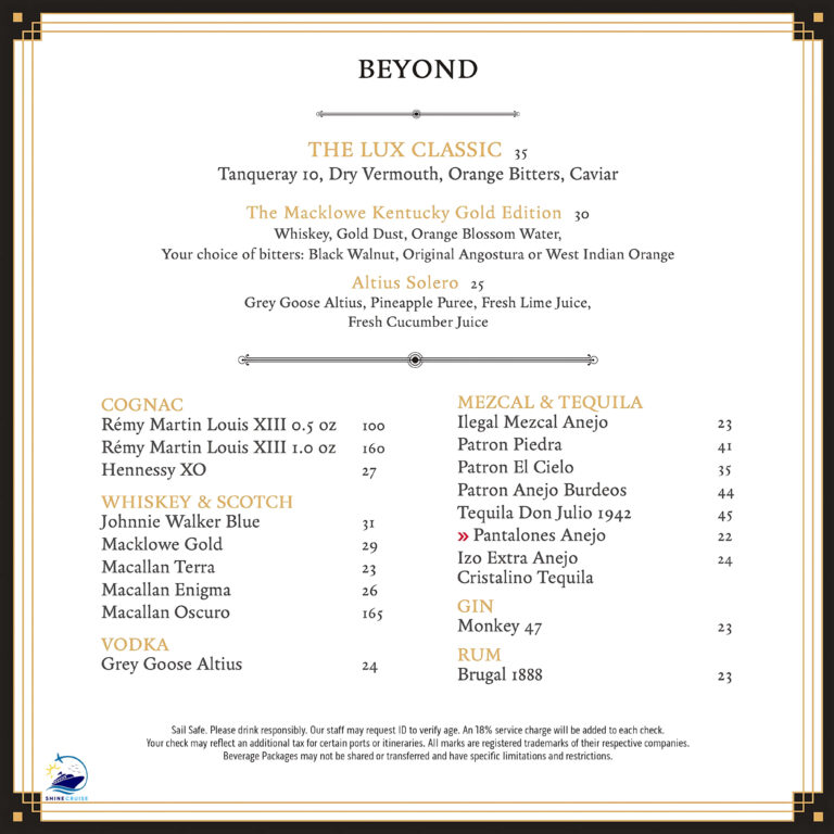 Princess Crooners Bar Menu for 2026