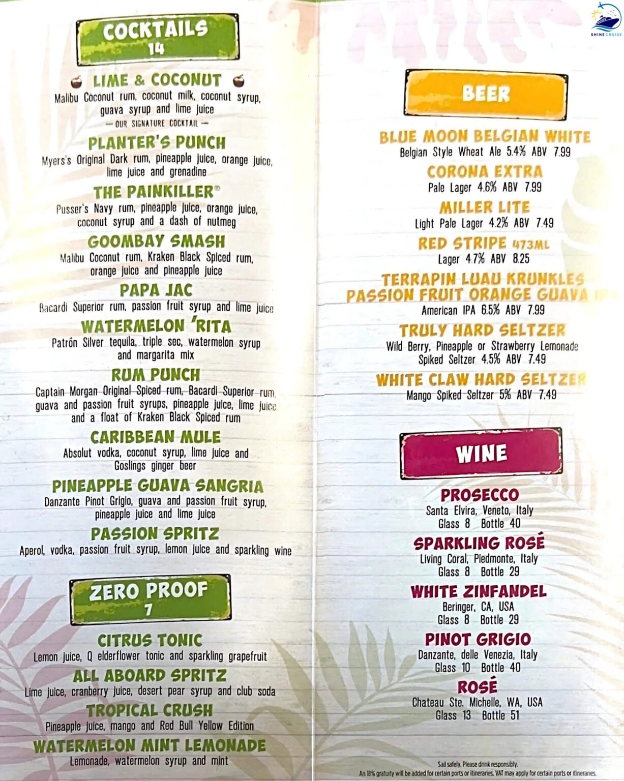 Royal Caribbean Star of the Seas Bar Menus & Drink Prices